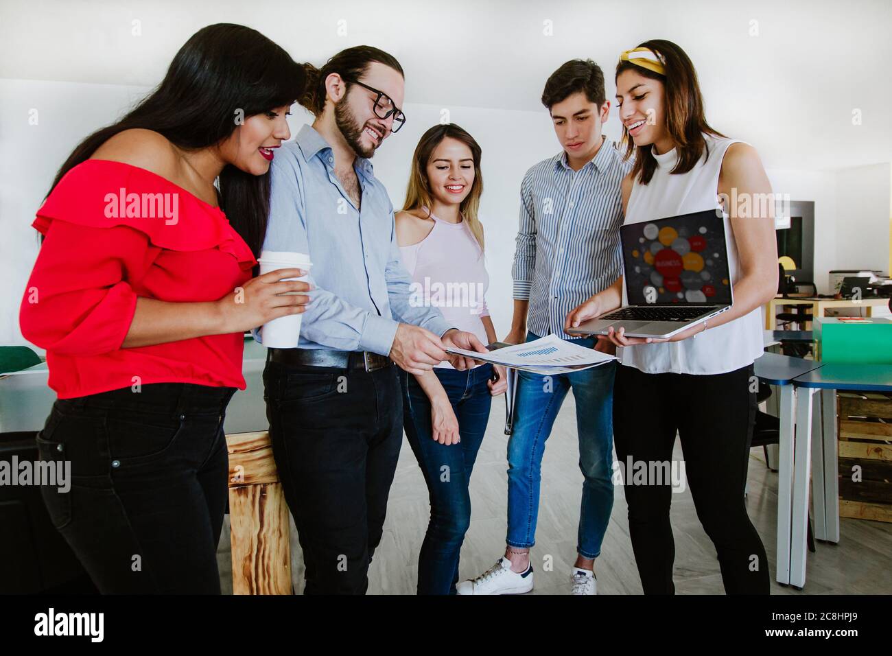 Latin students group or teamwork studying with computer in university ...