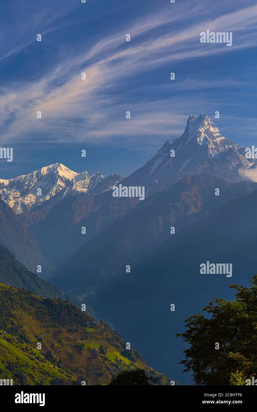 Mount Machhapuchhre or Fishtail in the Himalayas in Nepal. We can see ...