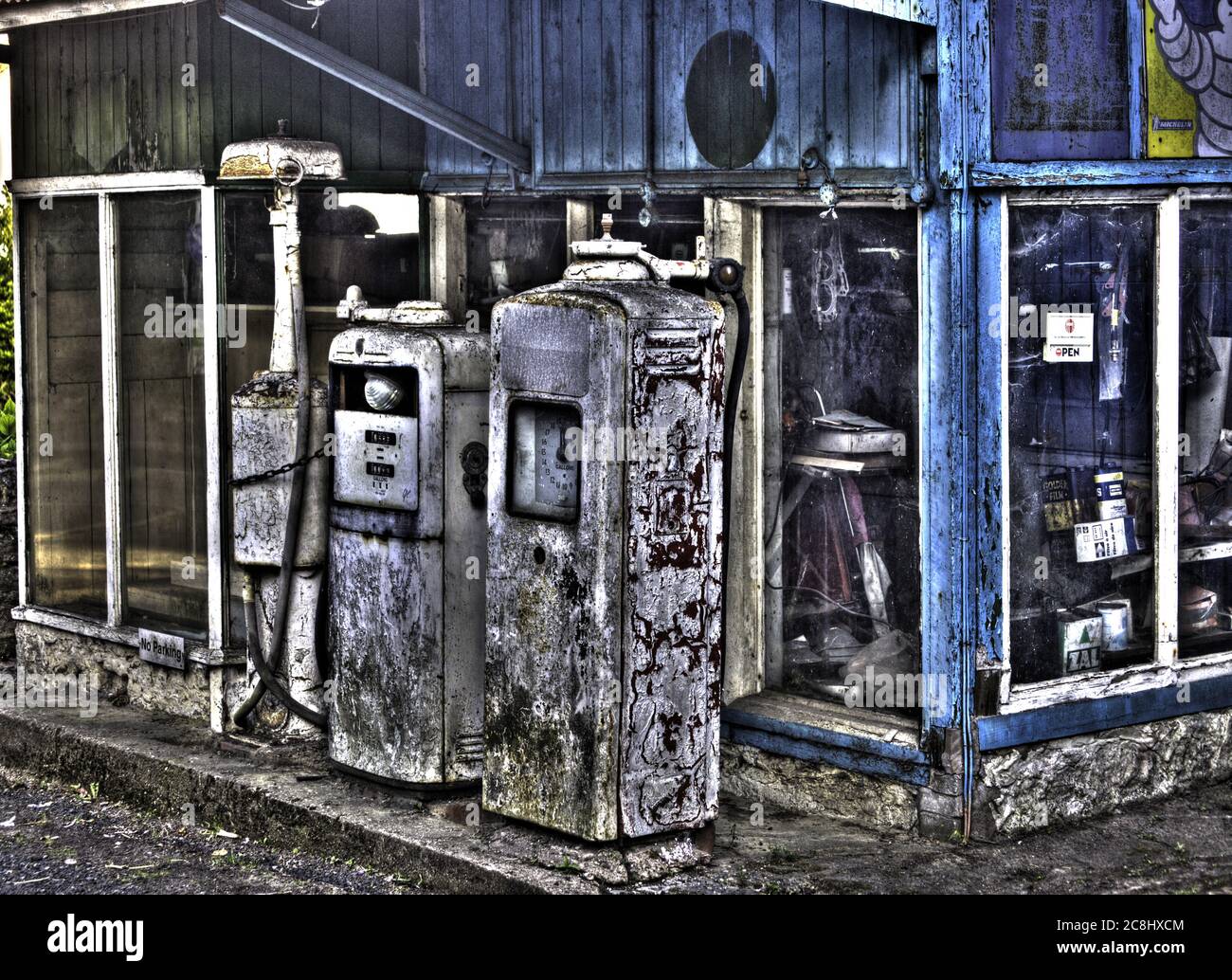 Antique, vintage or retro gas petrol pumps. Rustic, dilapidated, worn ...