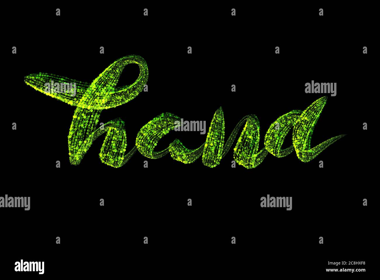 Word hand inscription text written with bright green glowing particles ...