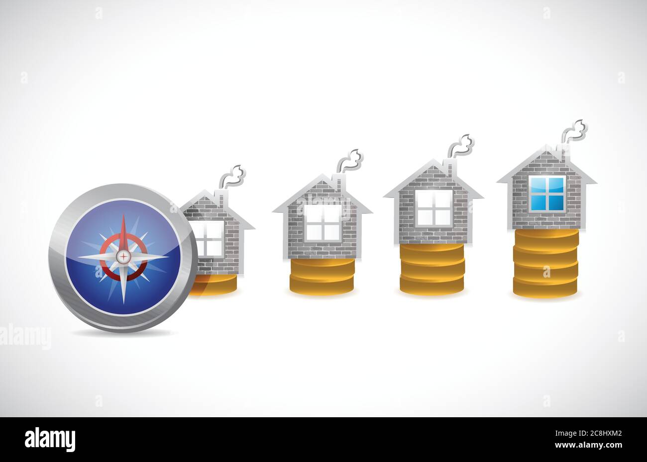 Coin real estate graph and compass illustration design over a white ...