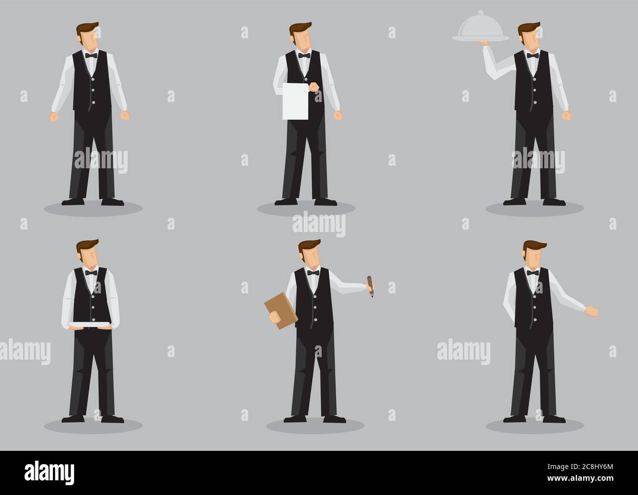 Set of six vector cartoon illustration of waiter character isolated on ...
