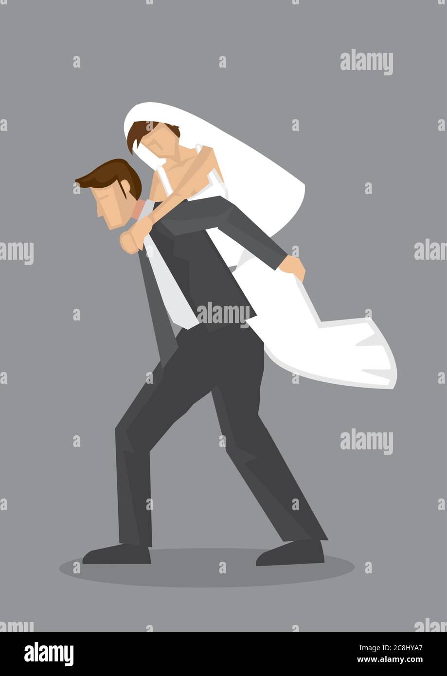 Cartoon vector illustration of bridegroom carrying bride on his ...