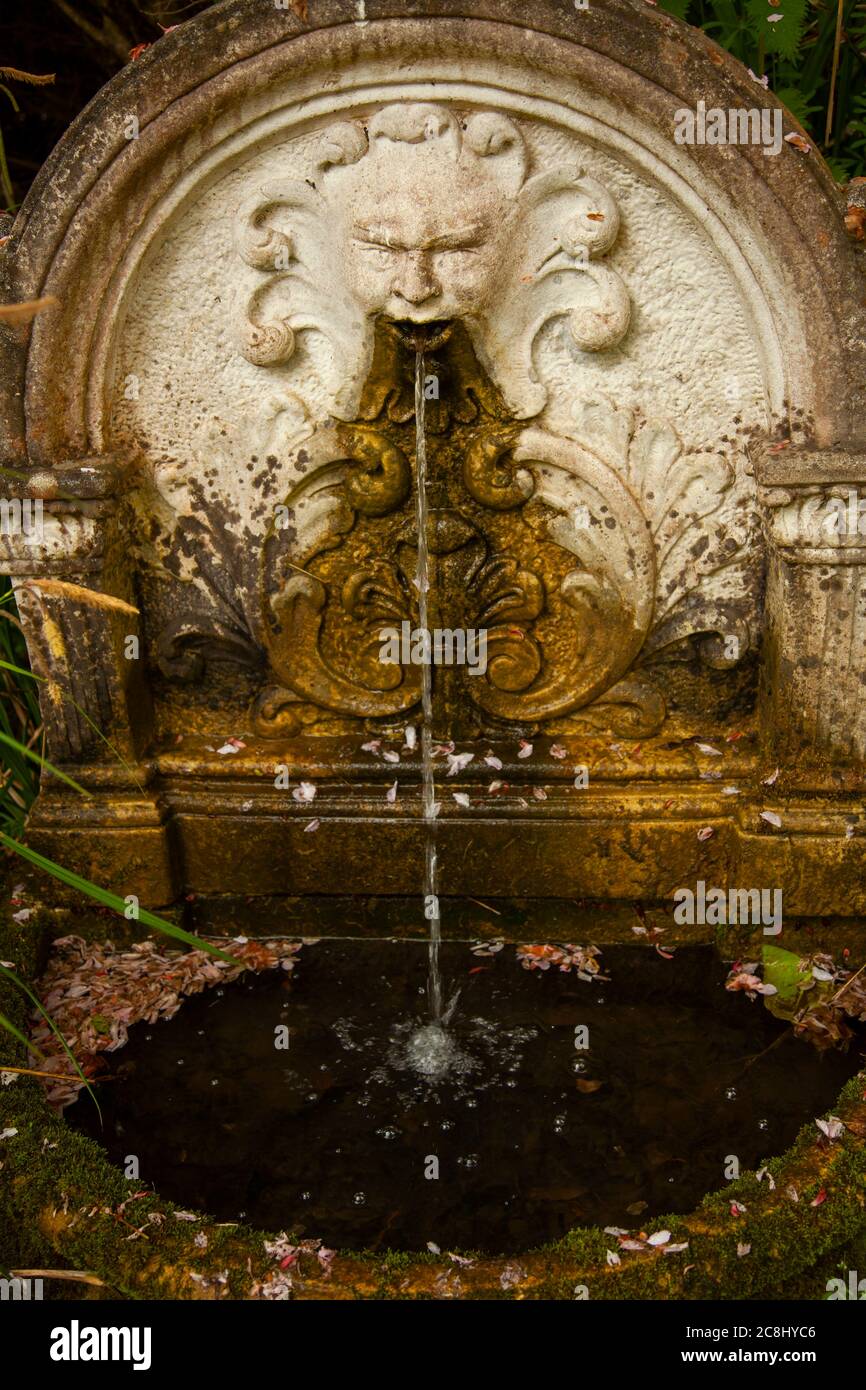 A close up picture of an isolated ancient stone fountain which has a ...