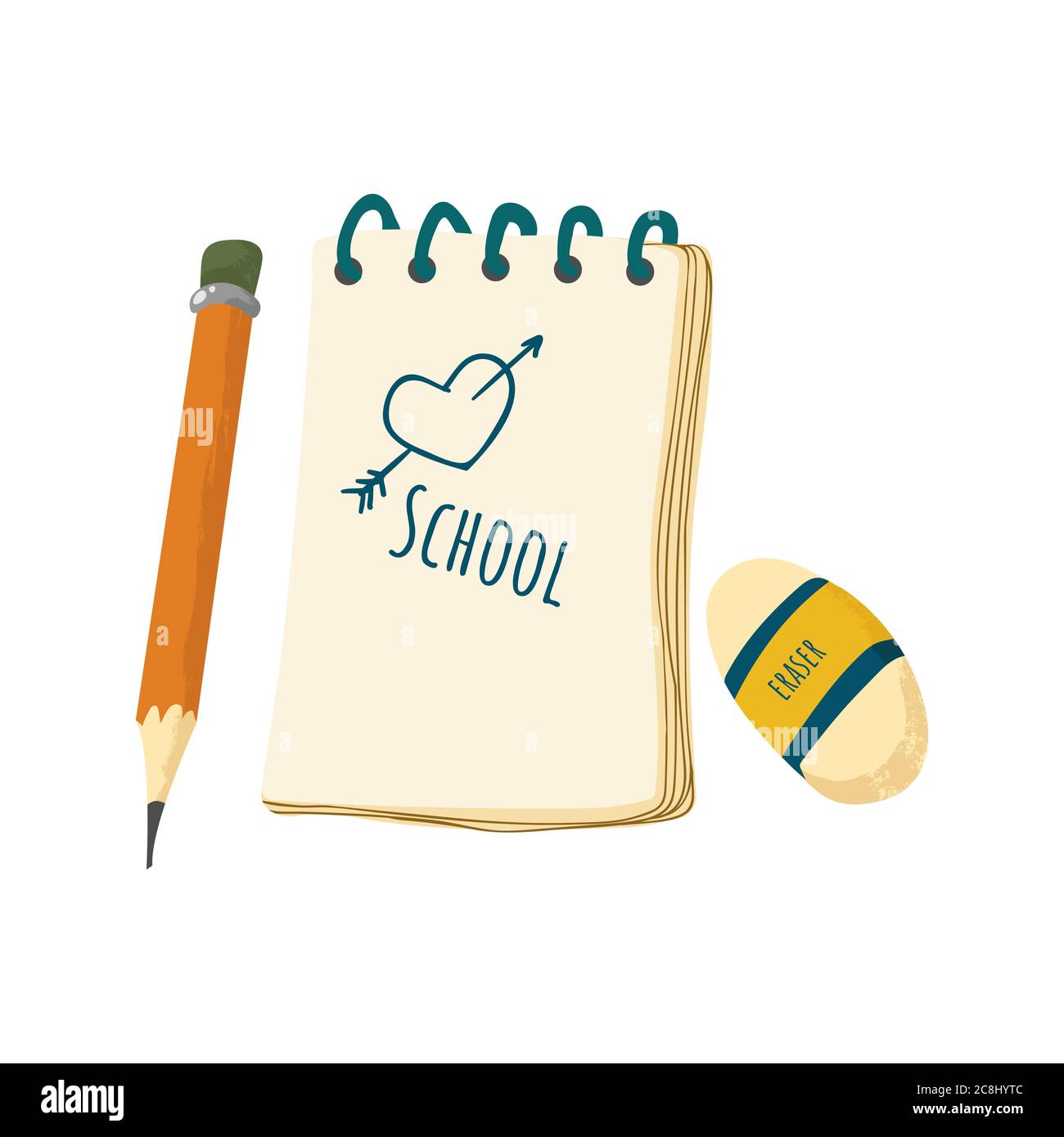Pencil, notebook and eraser vector illustration in flate cartoons ...