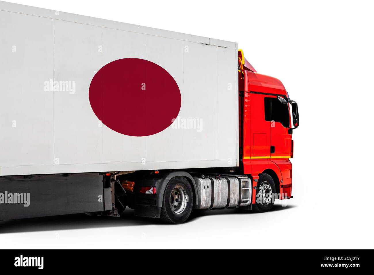 Big truck with the national flag of Japan on white isolated background ...