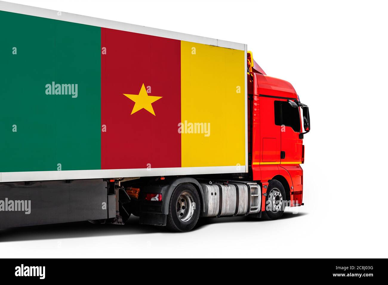 Big truck with the national flag of Cameroon on white isolated ...