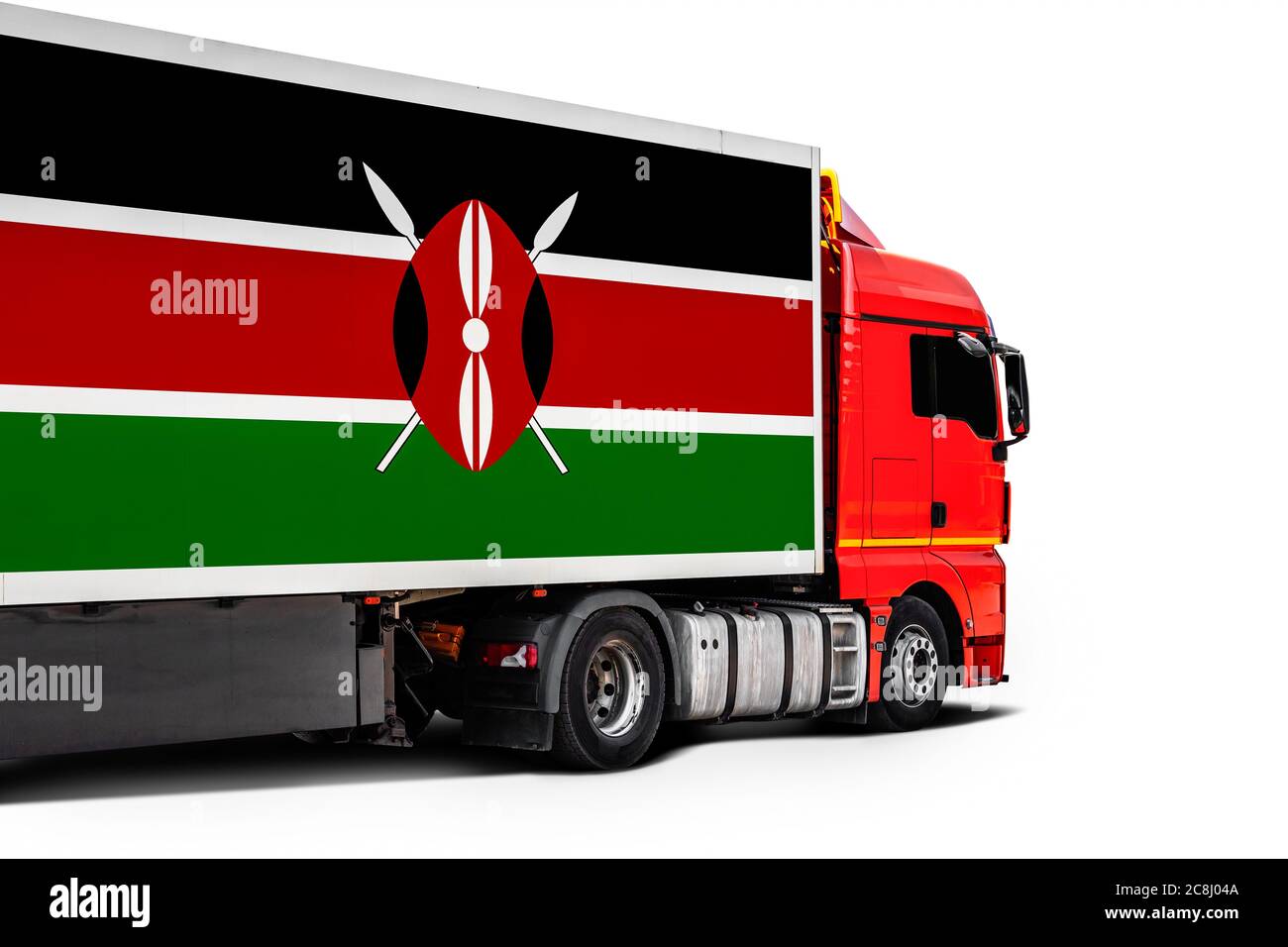 Big truck with the national flag of Kenya on white isolated background ...