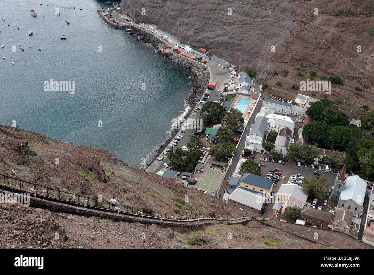 Jamestown, St Helena, view from above of church, city wall and landing ...