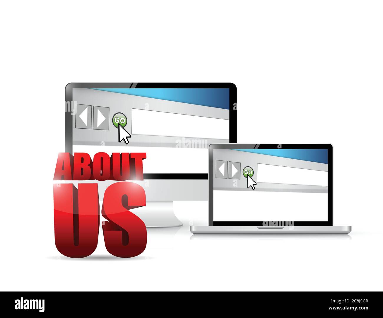 About us sign and electronics illustration design over a white ...
