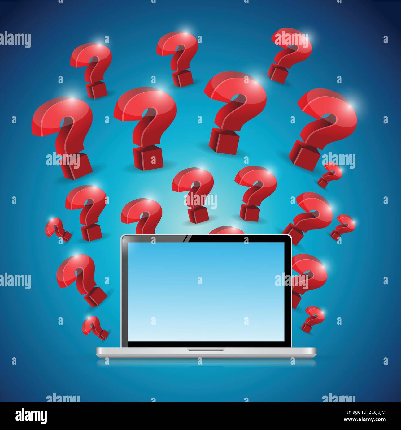 Question marks around laptop. illustration design over a blue ...