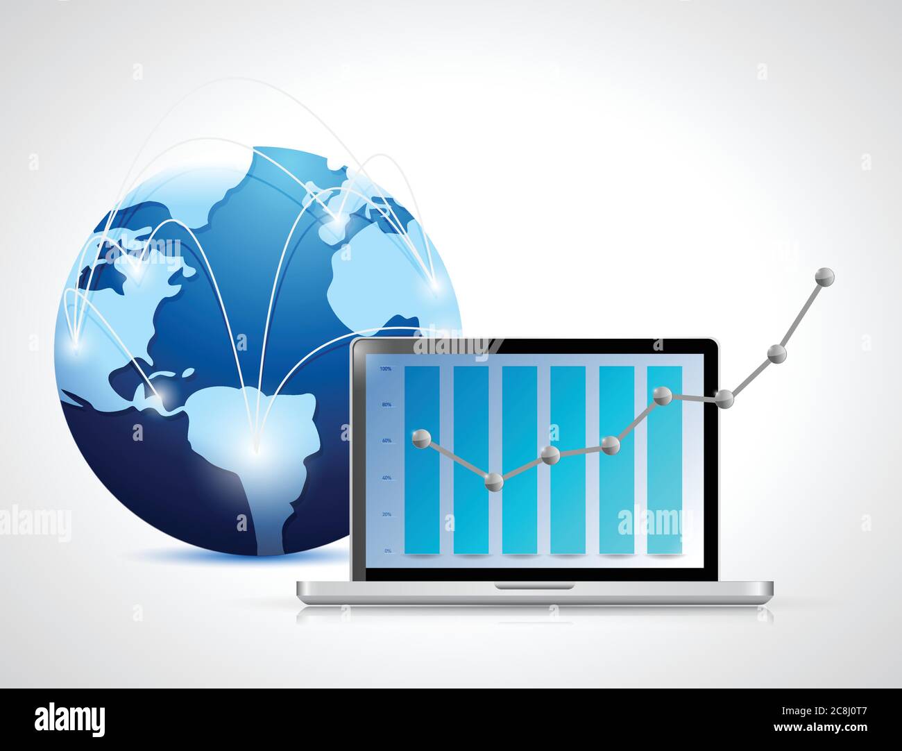 Globe network and laptop business graph illustration design over white ...