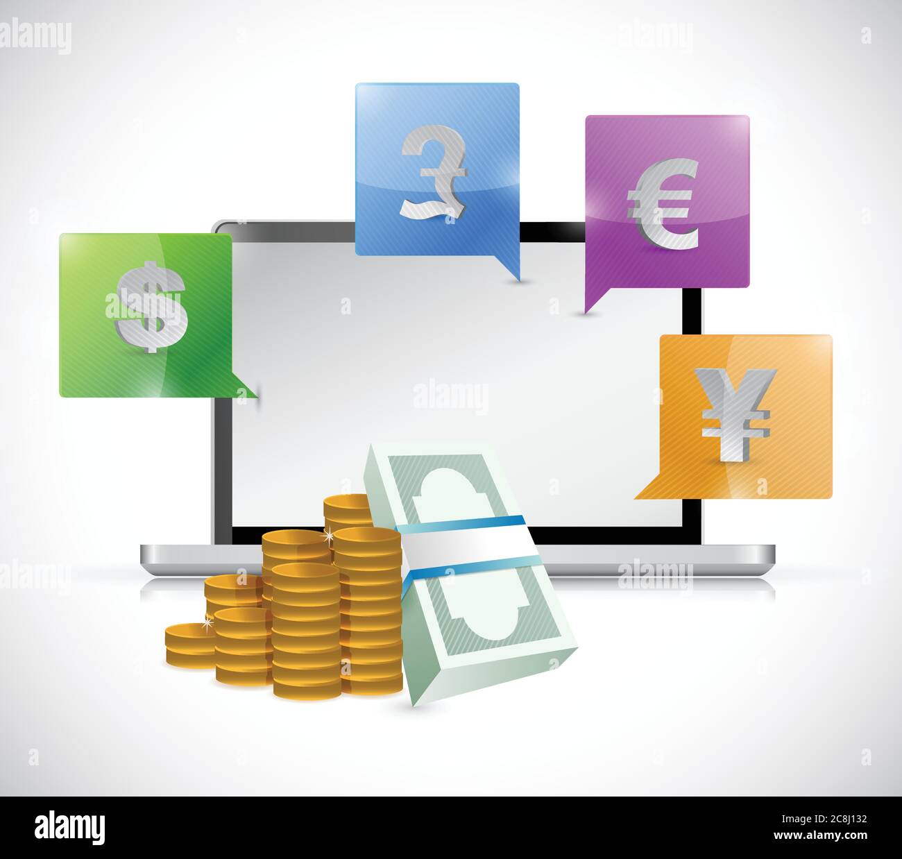 Laptop and currency symbols around illustration design over a white ...