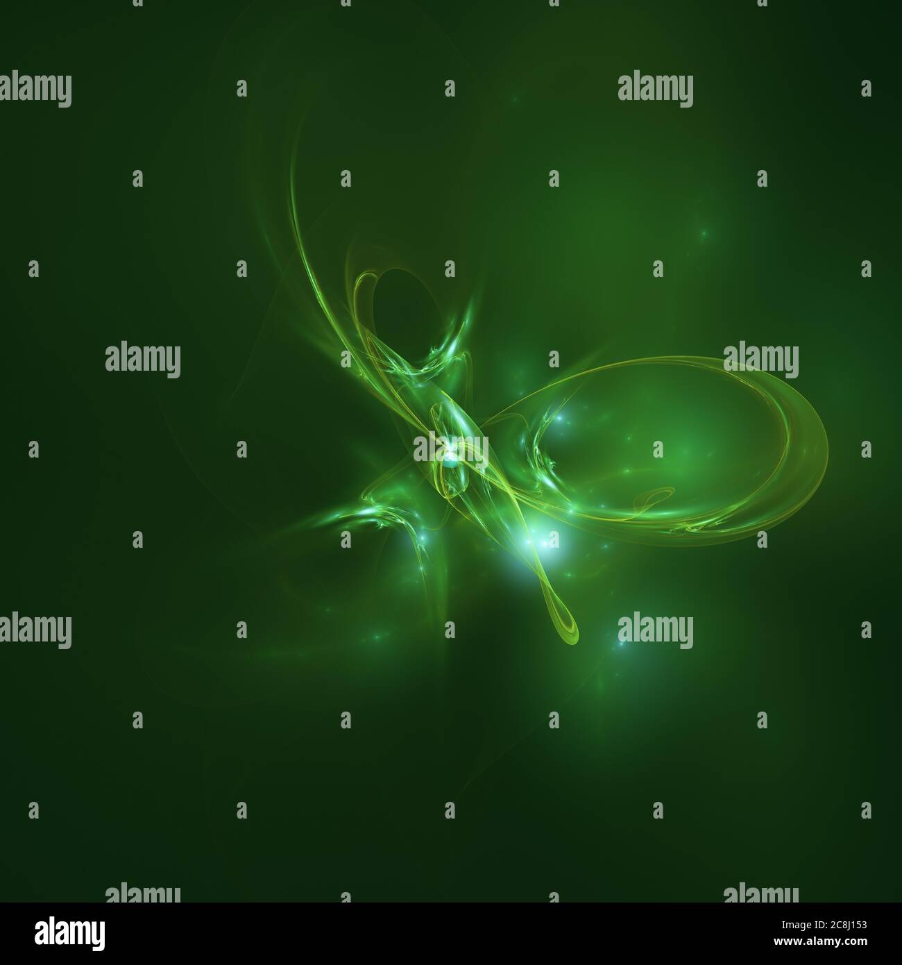 Neon glowing green twisted cosmic lines flying in the space. Turbulence ...