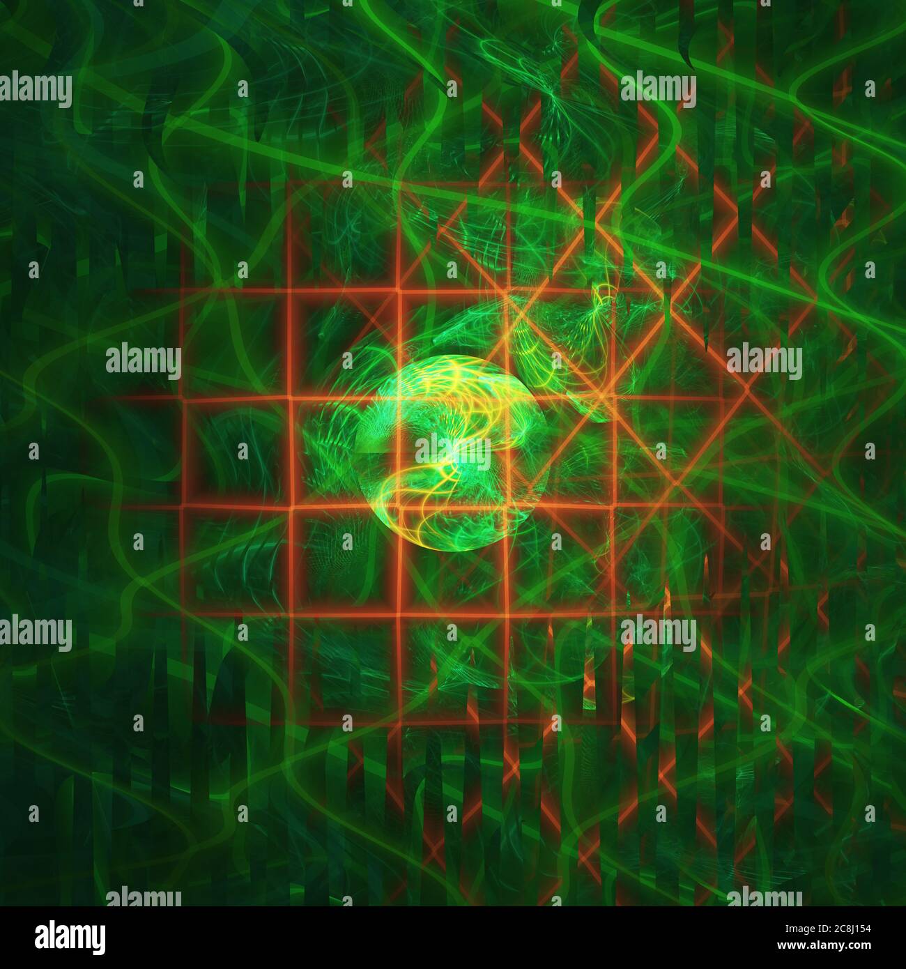 Neon glowing yellow twisted cosmic lines flying in the space ...
