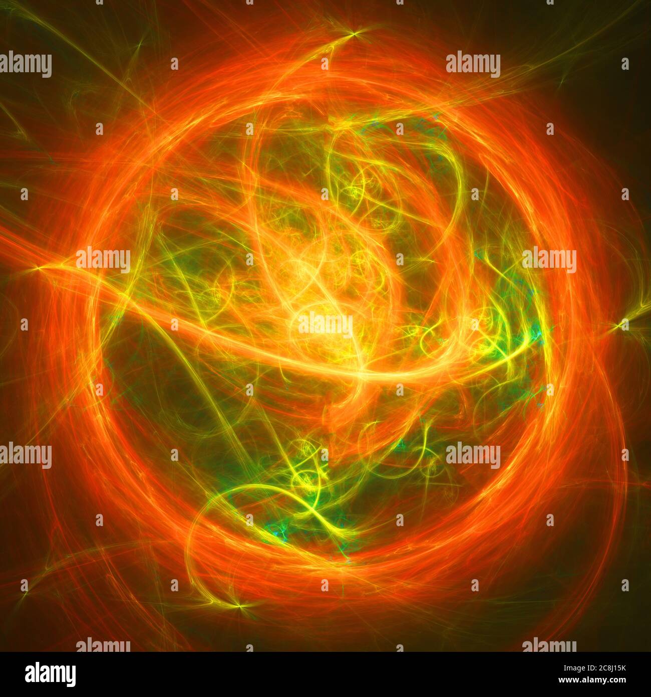 Neon glowing green and red twisted cosmic lines flying in the space ...