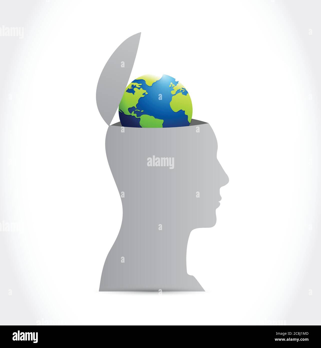 Head and globe inside a head illustration design over a white ...
