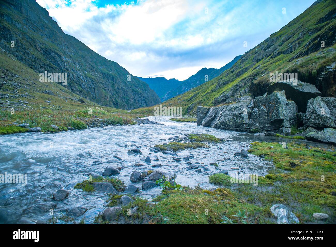 The scenic natural landscape on a trek to Hamta Pass, Pir Panjal range ...
