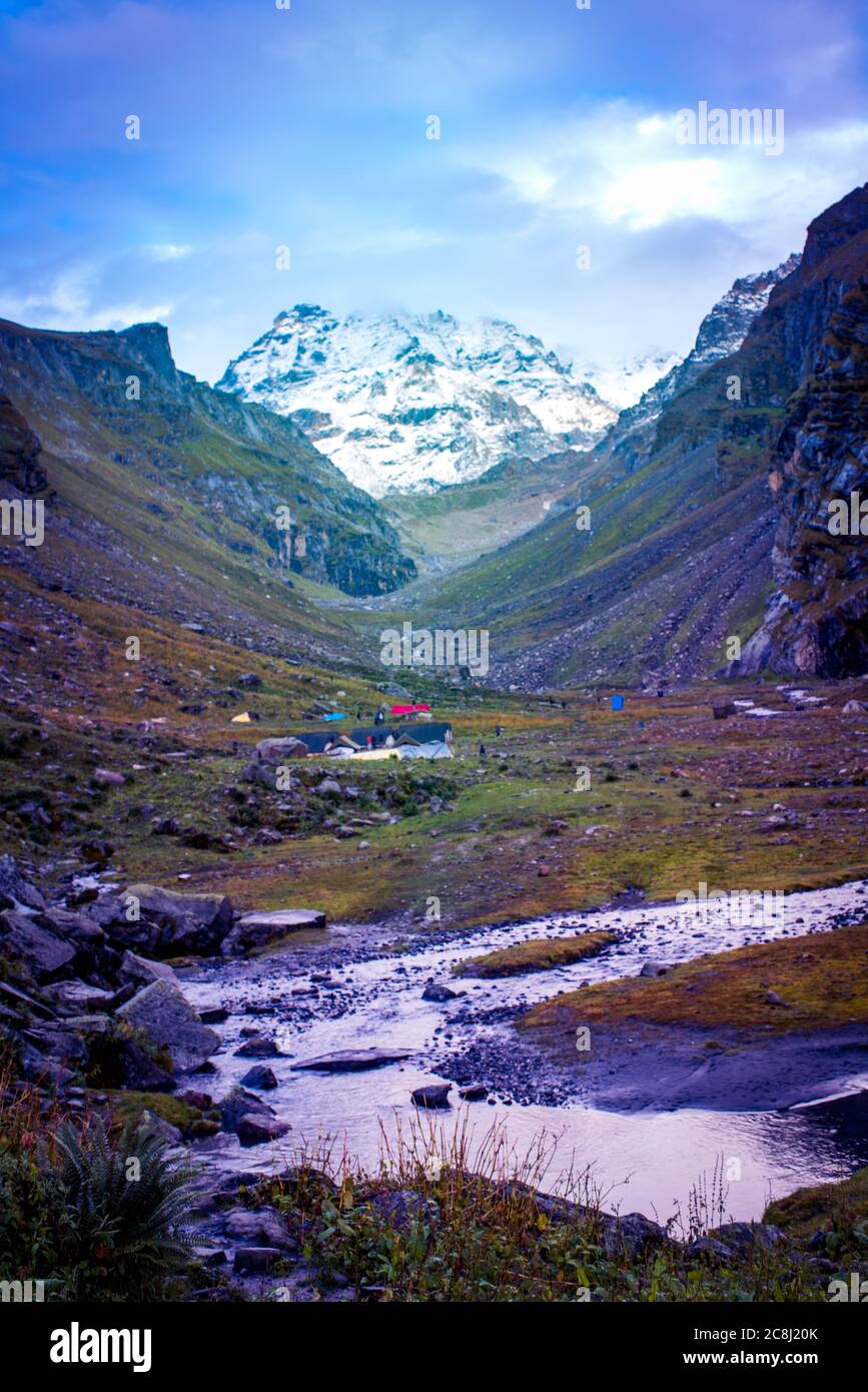 Sunset natural landscape on a trek to Hamta Pass, Pir Panjal range in ...