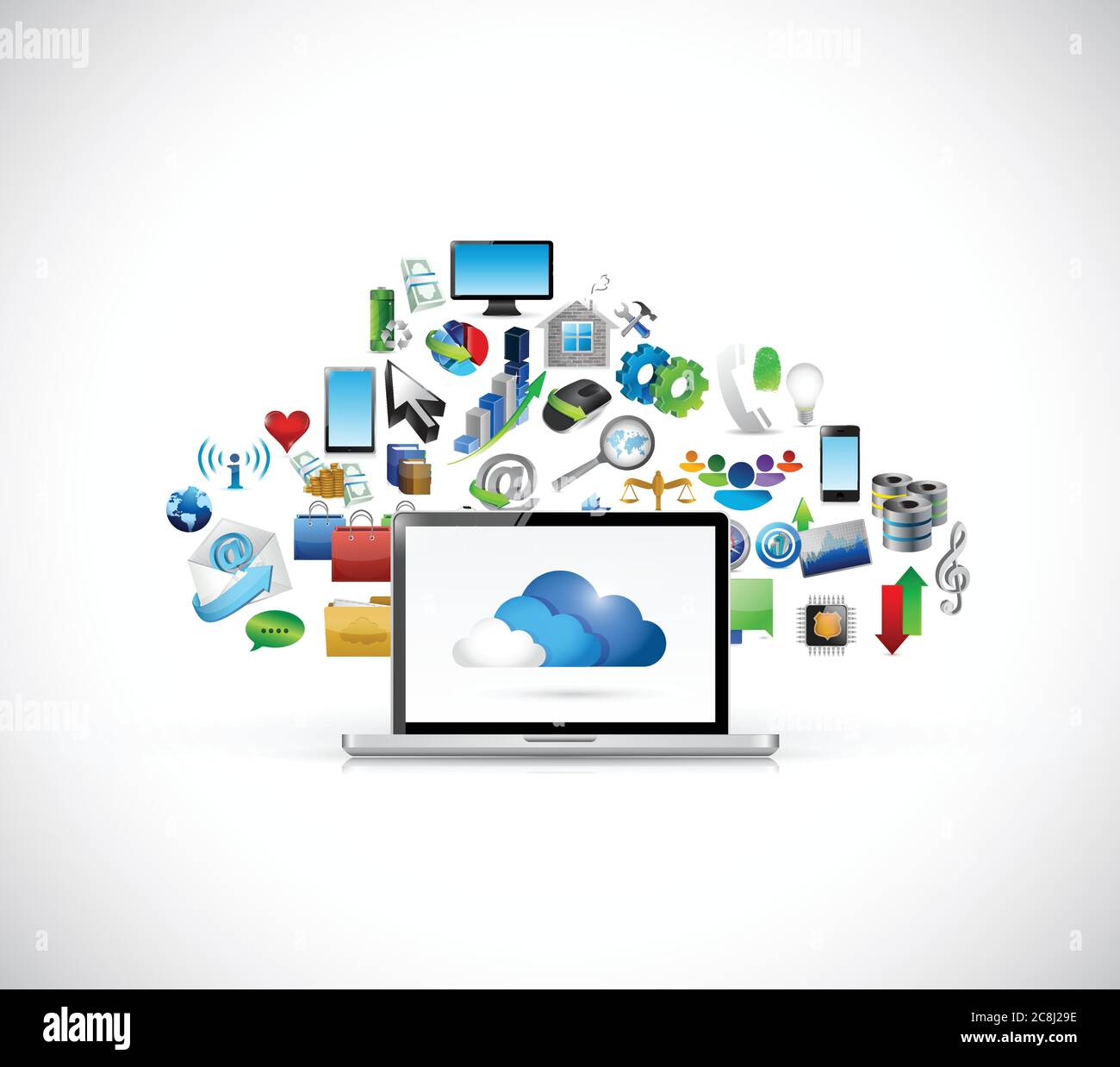 Computer laptop cloud computing icons illustration design over a white ...