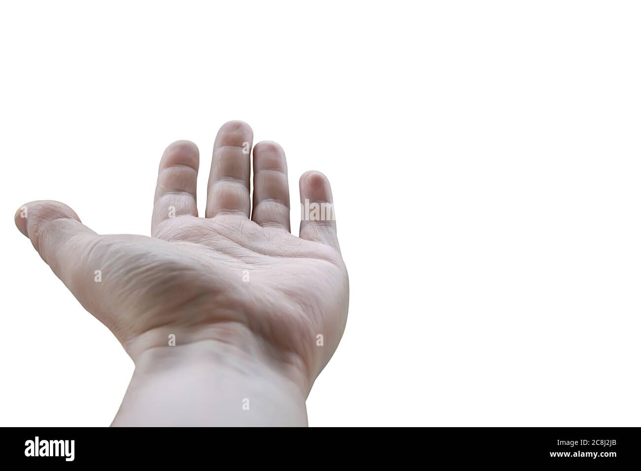 the palm of the person's hand is pointed up on a white isolated ...