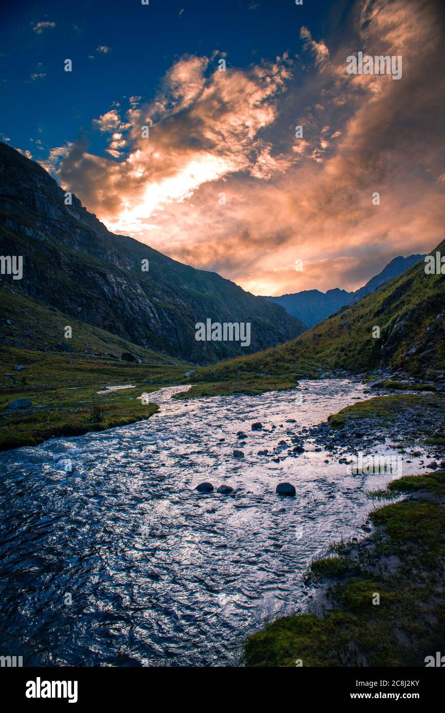 Sunset natural landscape on a trek to Hamta Pass, Pir Panjal range in ...