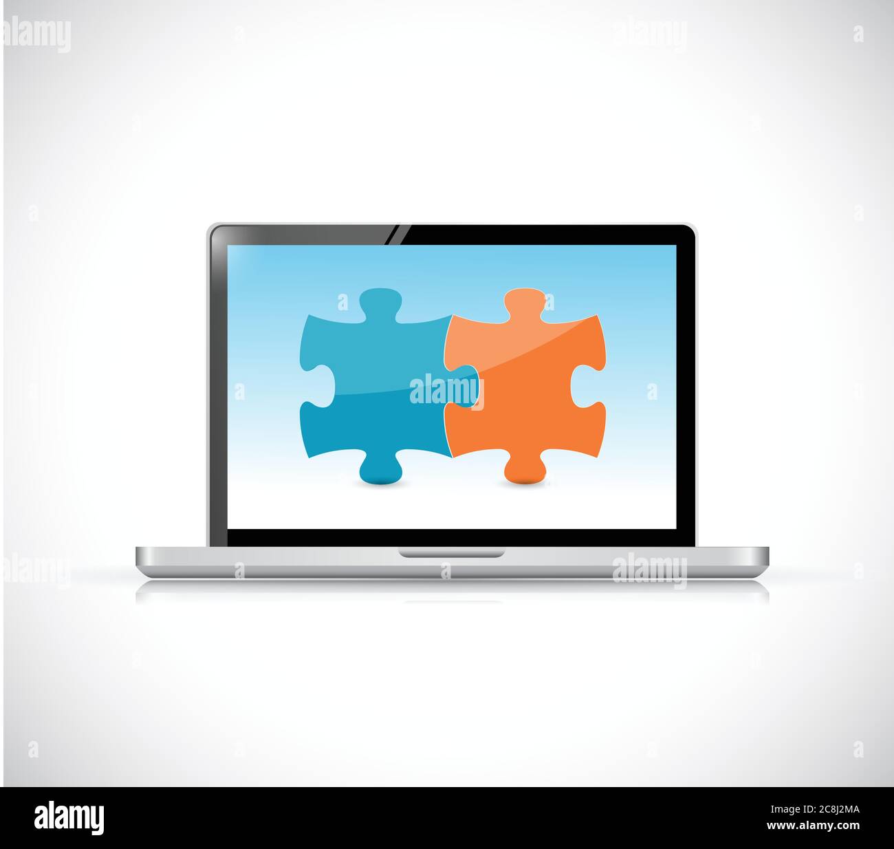 Laptop computer and puzzle pieces illustration design over a white ...