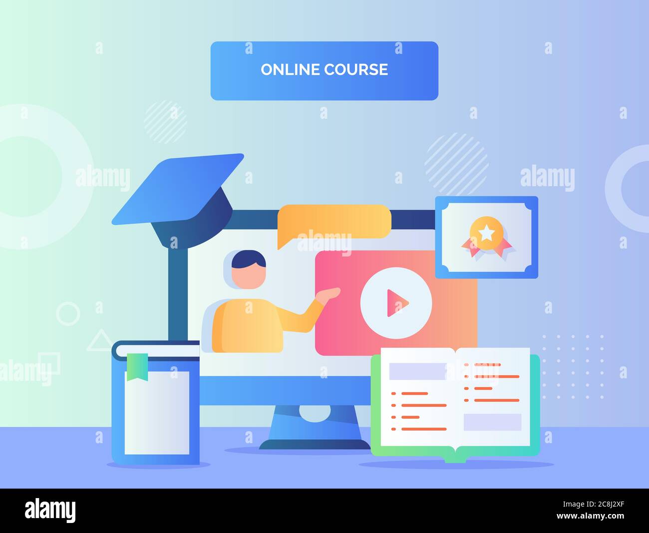 Man talk in video tutorial on computer screen background of open book ...