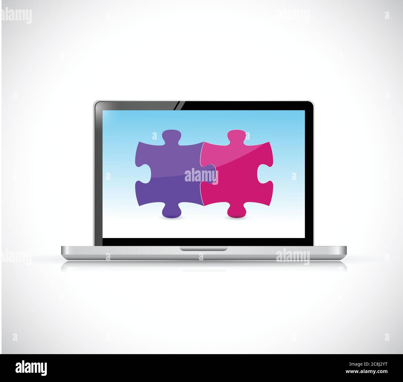 Laptop computer and puzzle pieces illustration design over a white ...