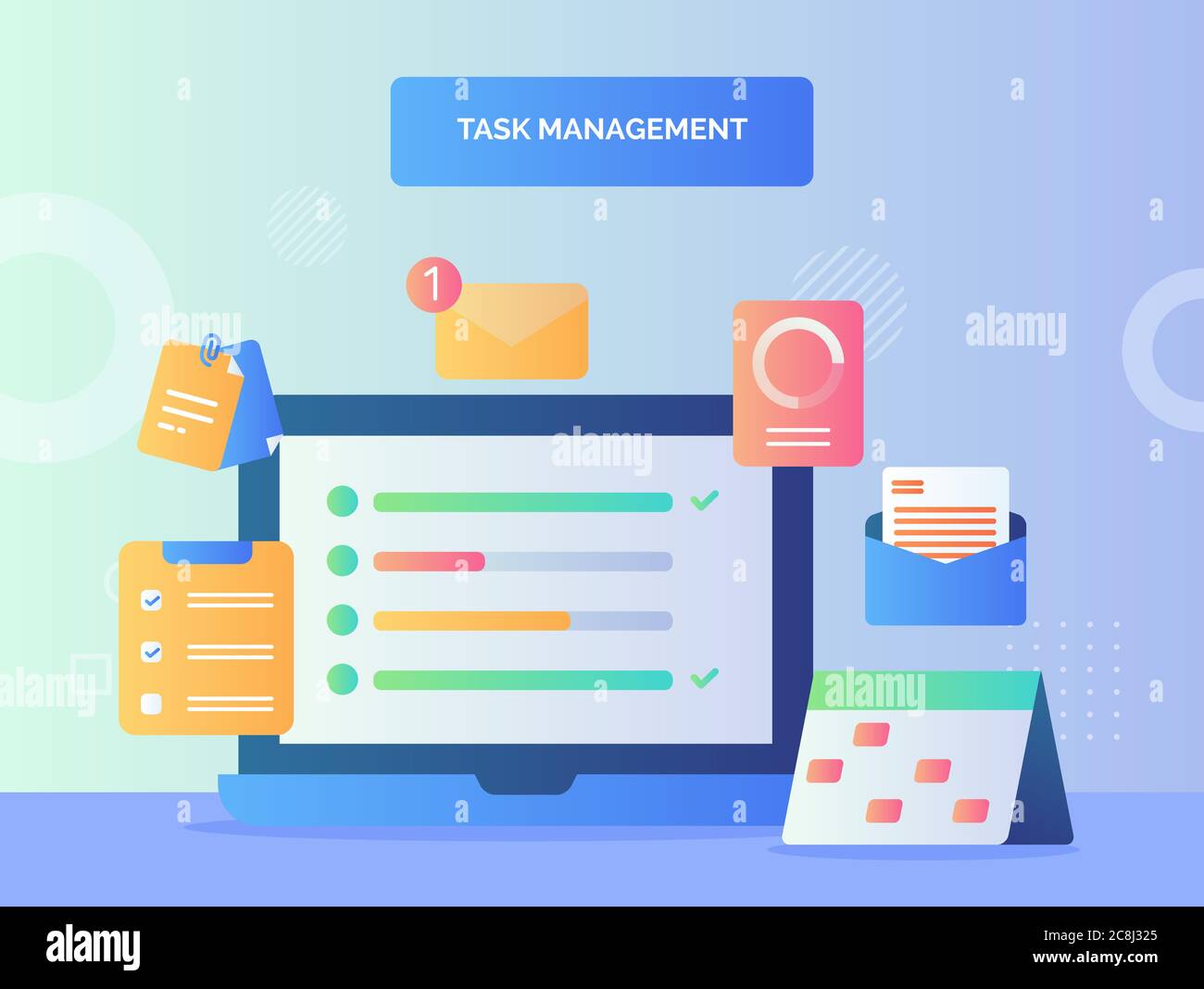 Text on computer screen background of calendar clipboard email ...