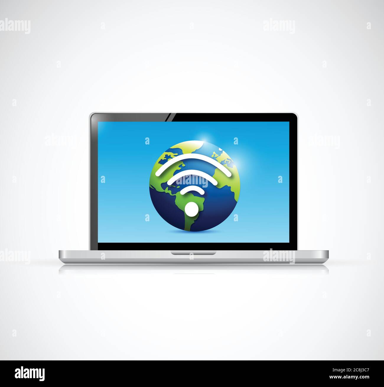 Laptop and globe wifi signal illustration design over a white ...