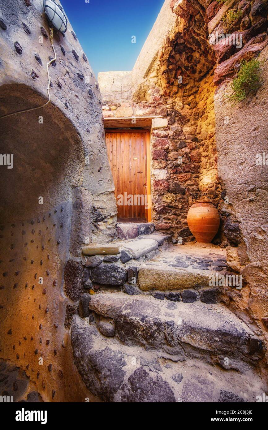 The inside of Akrotiri Venetian castle, Santorini island, Greece Stock ...
