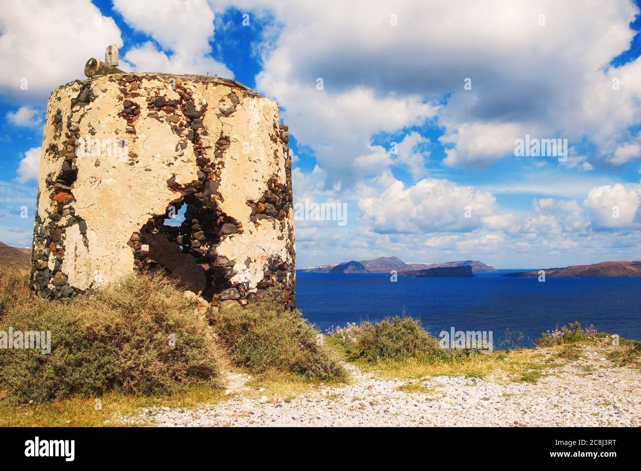 Remnants of a windmill on Santorini island, Greece Stock Photo - Alamy