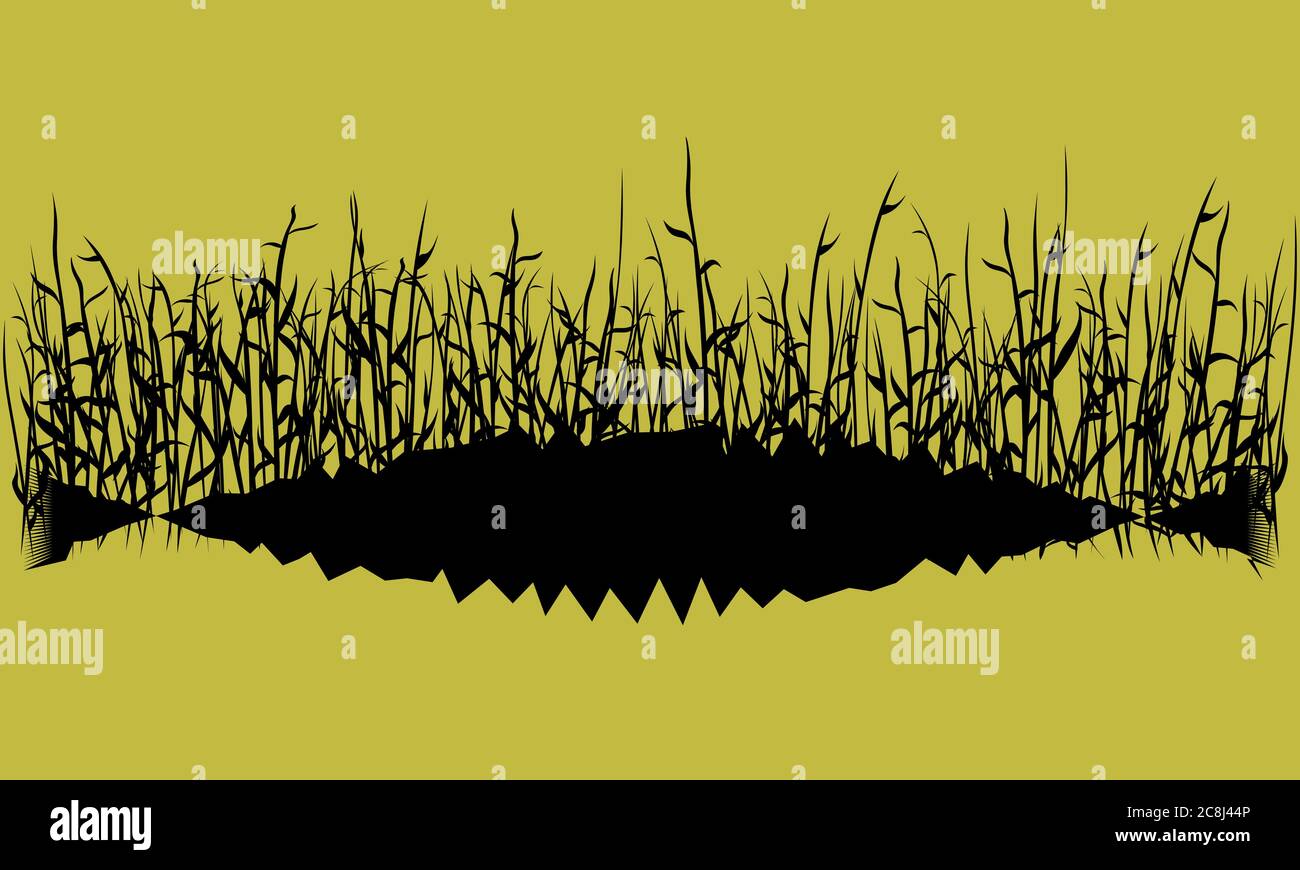 black silhouette of lake or swamp grass on yellow sky background Stock ...