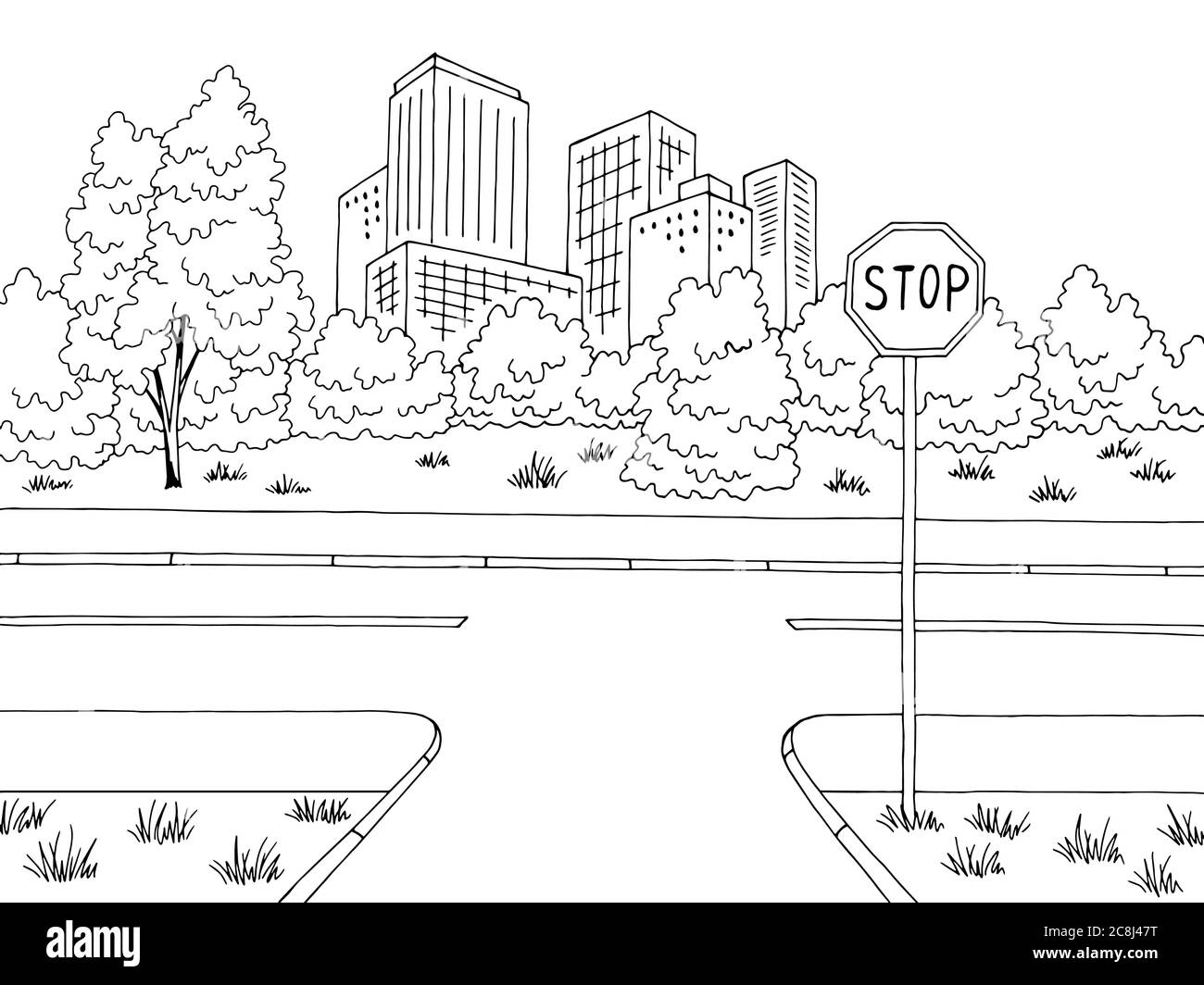 Crossroad street road graphic black white city landscape sketch ...
