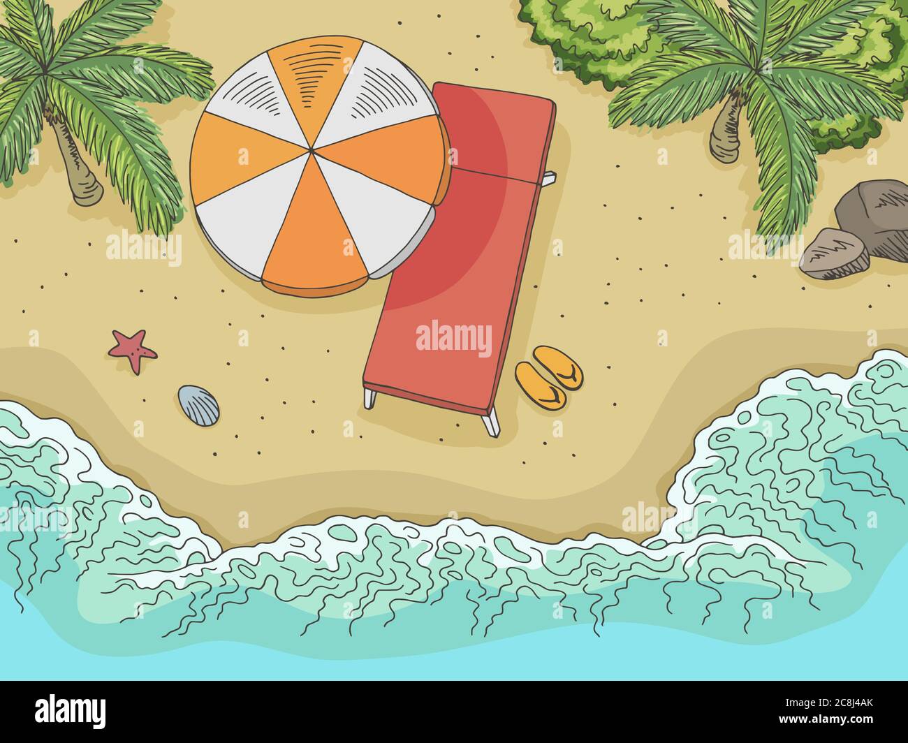 Beach view from directly above top graphic color landscape sketch ...