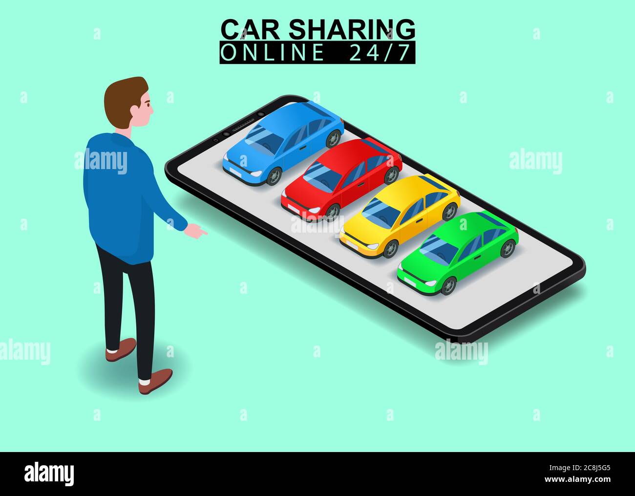 Car sharing isometric. Man near smartphone screen with cars of ... Car sharing isometric. Man near smartphone screen with cars of ...