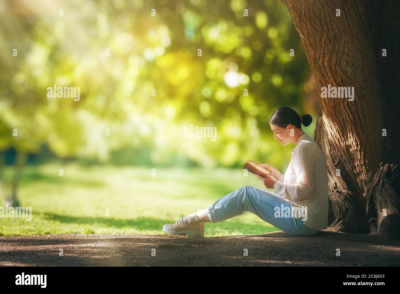 Woman Under Tree Relaxing Book High Resolution Stock Photography and ...