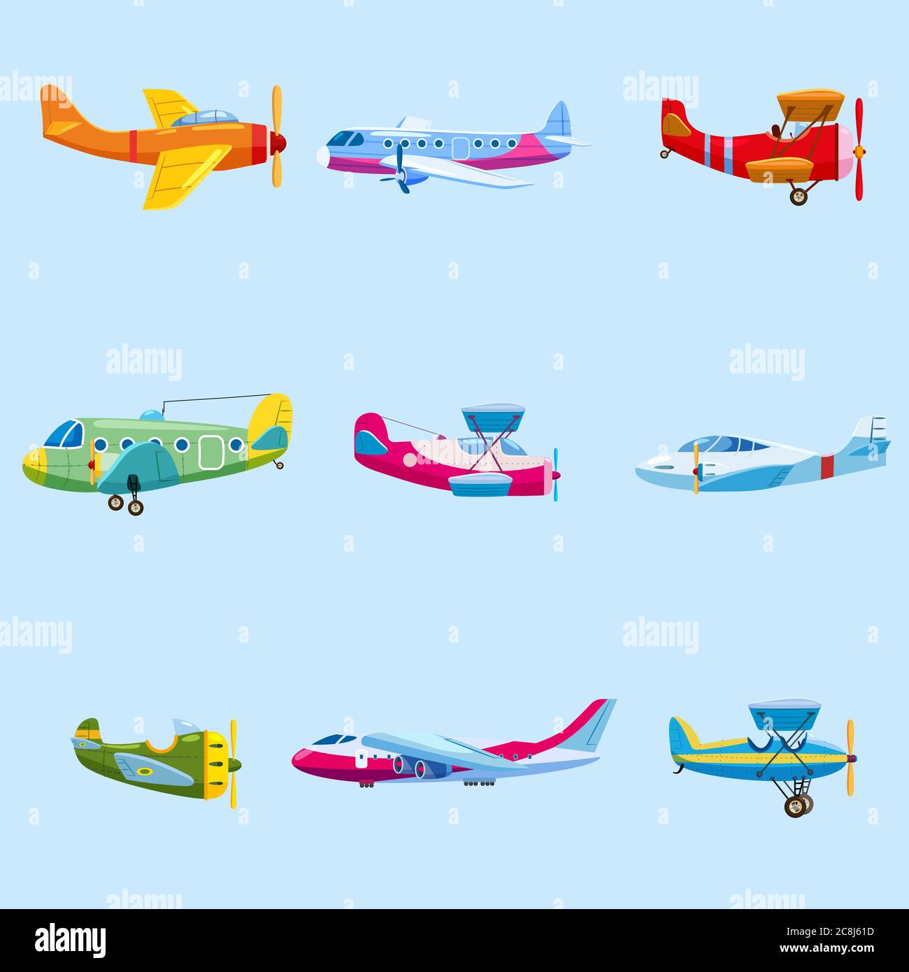 Set of airplanes aircraft different colour. Retro, personal, cargo ...