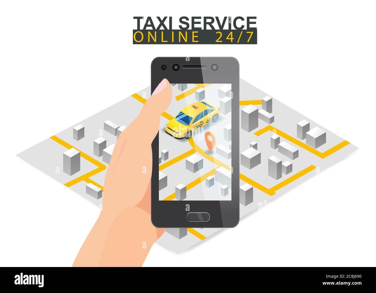 Car sharing isometric. Hand hold smartphone screen with city map route ... Car sharing isometric. Hand hold smartphone screen with city map route ...