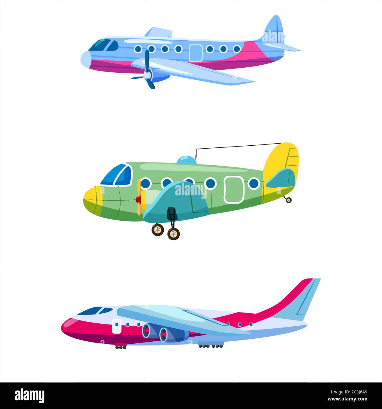 Set of airplanes aircraft different colour. Retro, personal, cargo ...