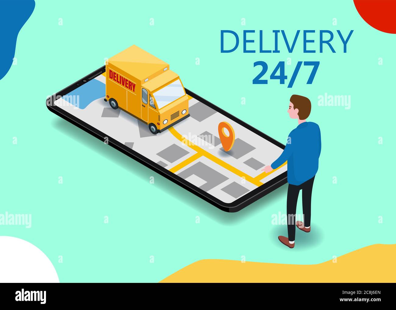 Isometry cargo delivery smartphone buyer, van, truck, route of ...