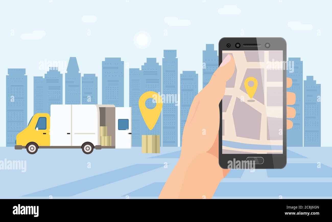Delivery truck service. Hand hold smartphone application for parcel ...