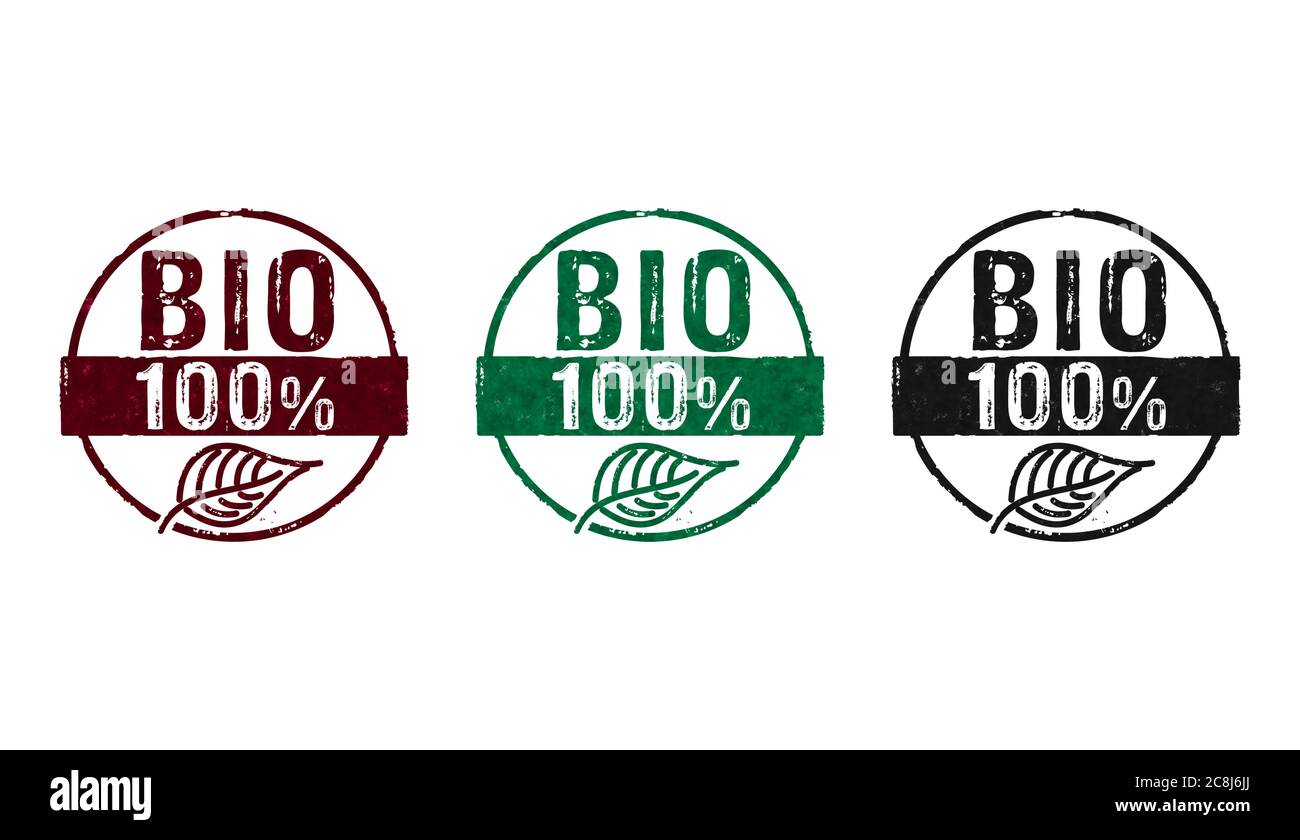 100 percent bio stamp icons in few color versions. Ecology, environment ...