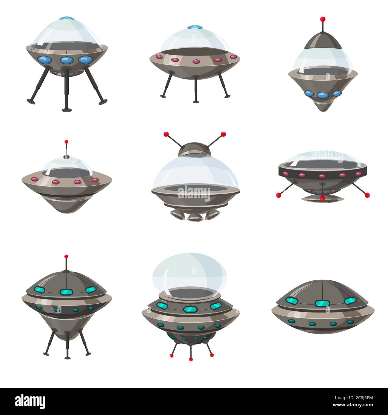 UFO set, alien spaceships, cartoon style, isolated, vector ...