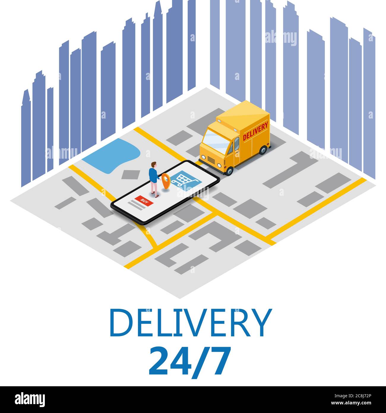Isometry express cargo delivery route navigation map of the city, buyer ...