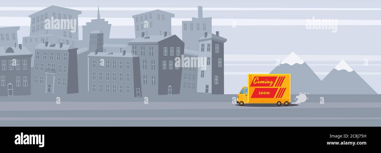 Delivery van Coming soon, on city background. Product goods shipping ...