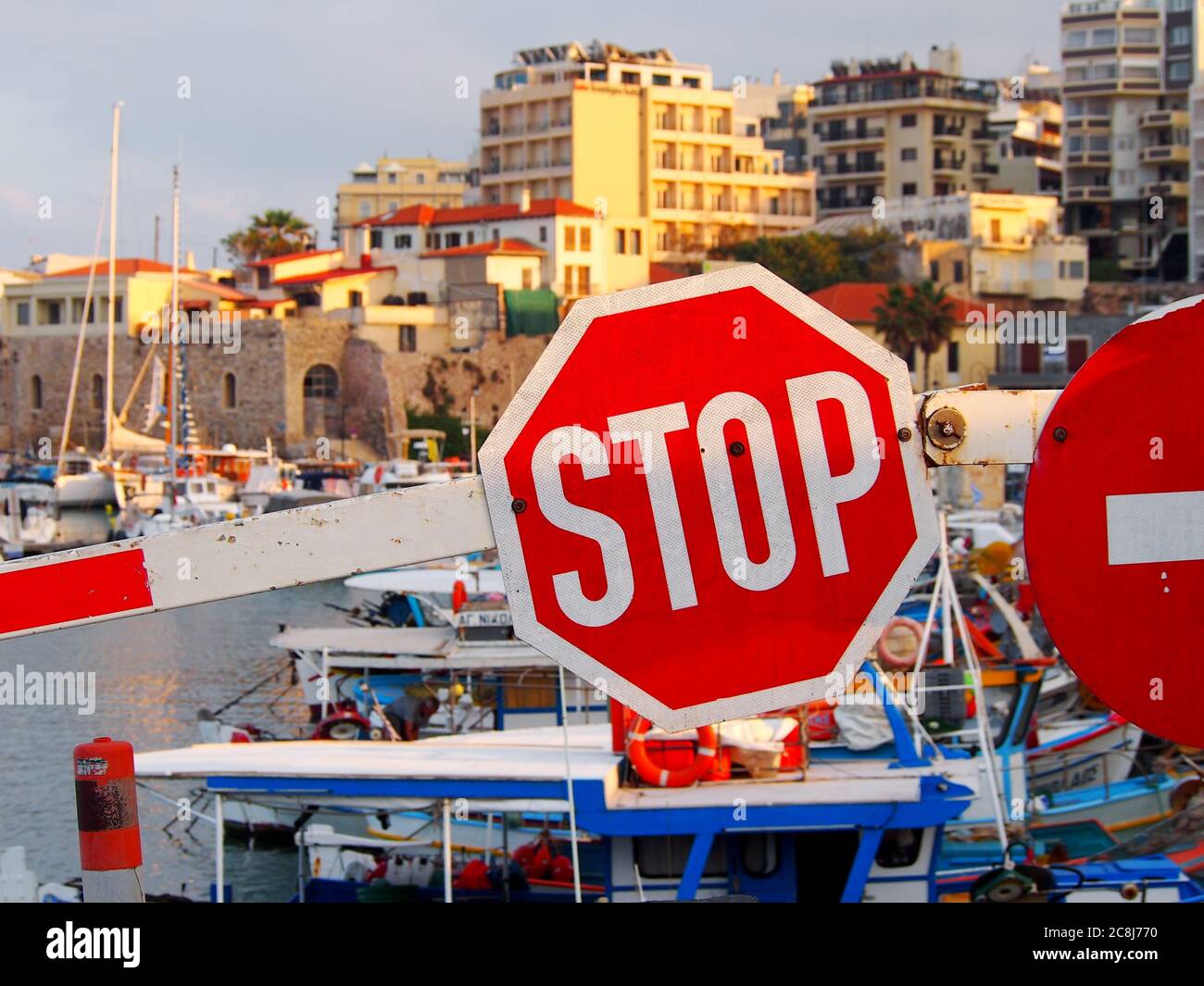 Stop sign. The harbour at Heraklion, Crete Stock Photo - Alamy