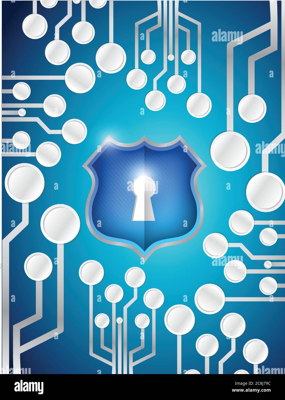 Circuit board security shield illustration design over a blue ...