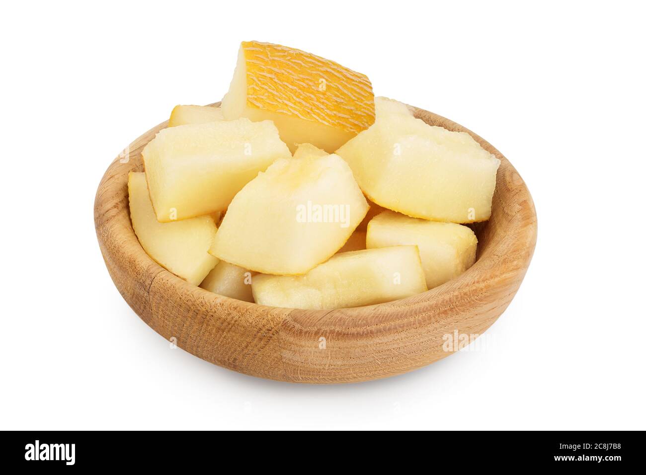 Melon diced in wooden bowl isolated on white background with clipping ...